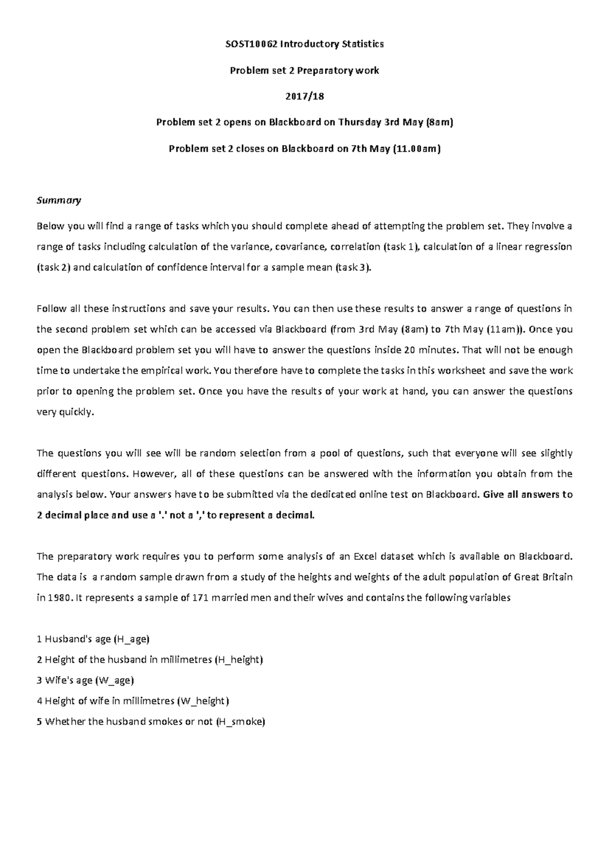 Problem set 2 preparatory work - SOST10062 Introductory Statistics ...