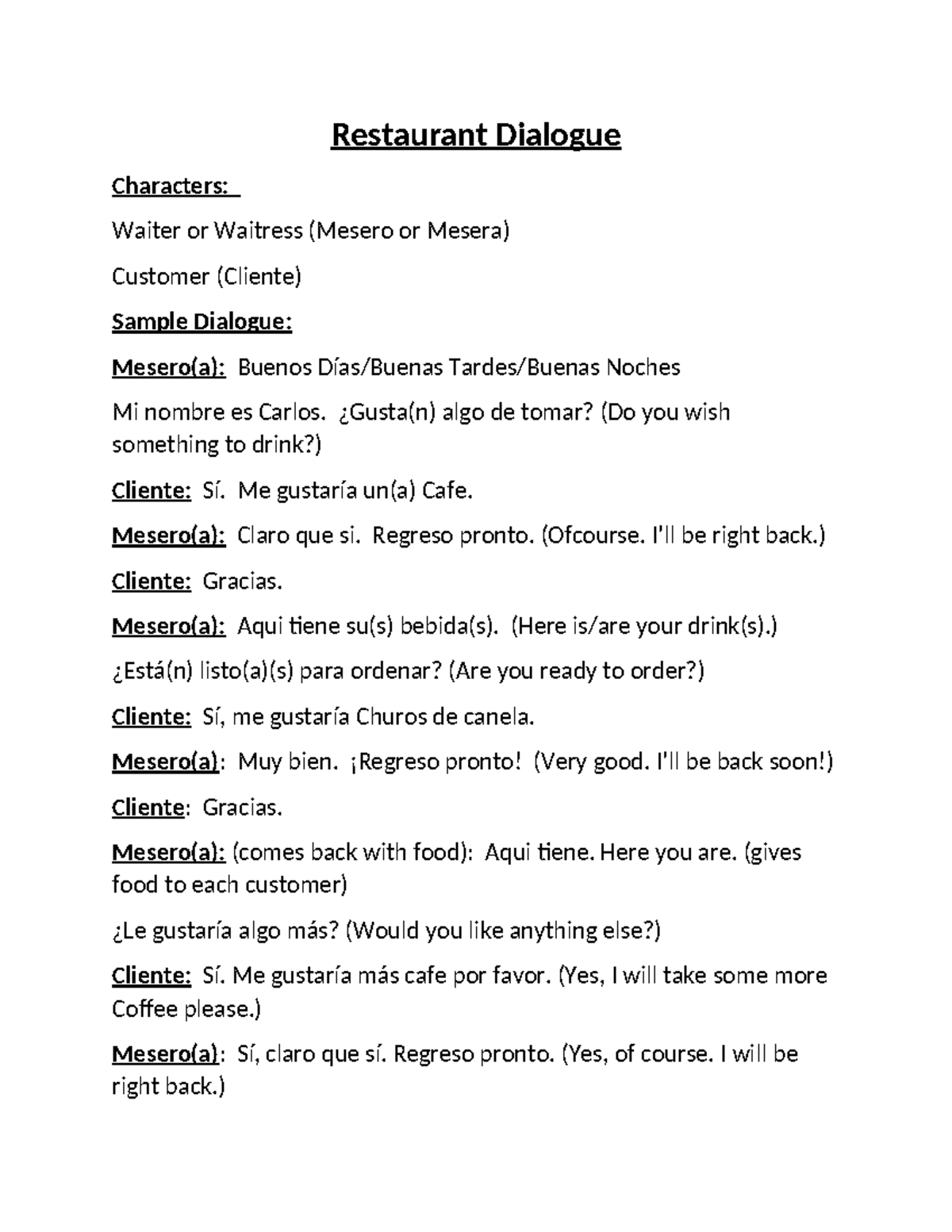 Spanish Restaurant Dialogue Sample for Language Learning - Studocu