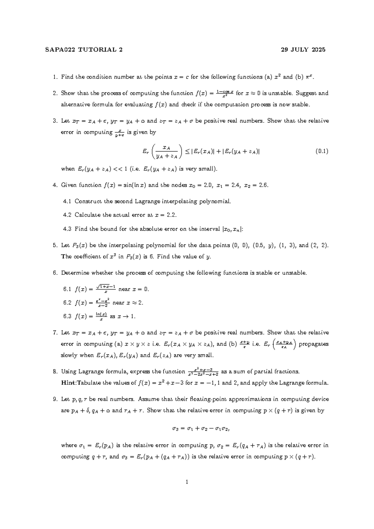 Tutorial 2: Stability and Error Analysis in Functions (SAPA022) - Studocu
