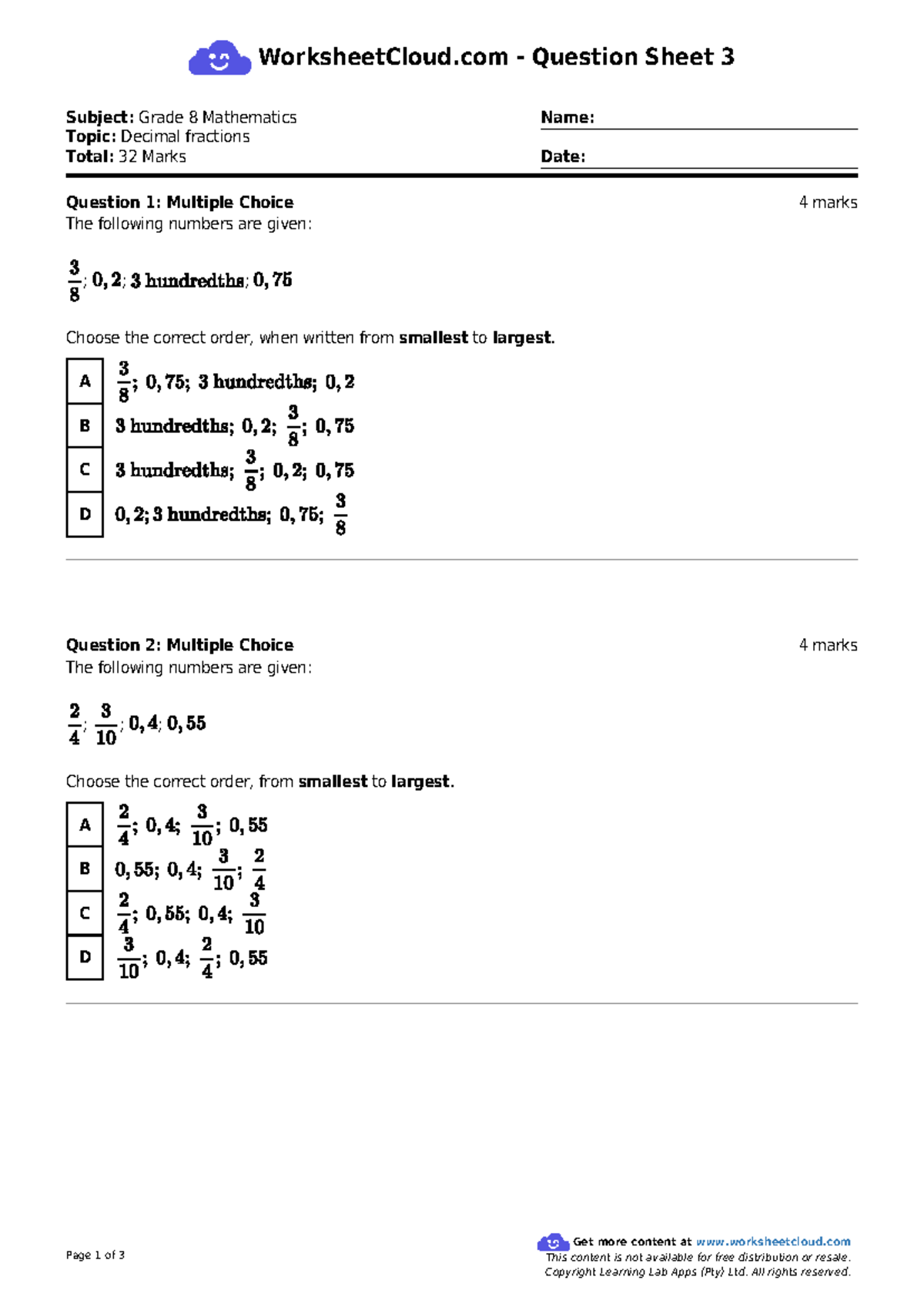 Grade 8 Math Worksheet: Decimal Fractions Q Sheet 3 - Studocu