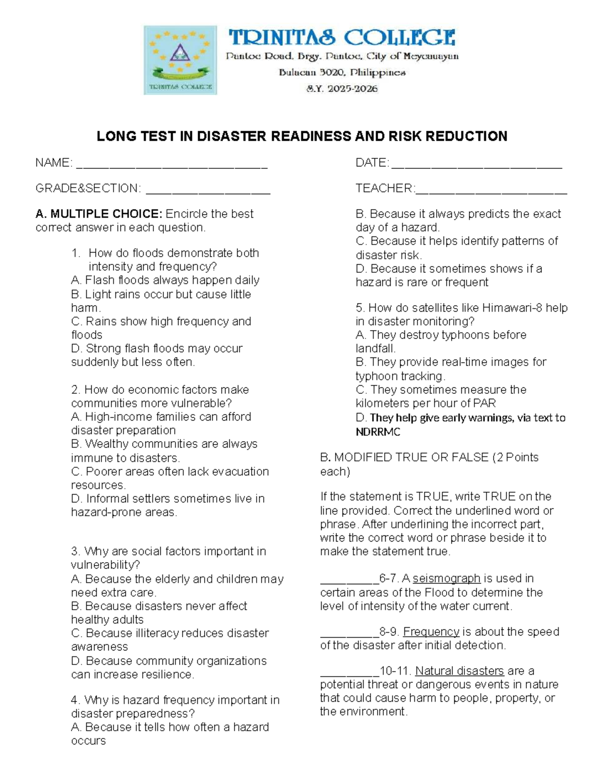 LONG TEST DRRR: Disaster Readiness & Risk Reduction Exam - Studocu