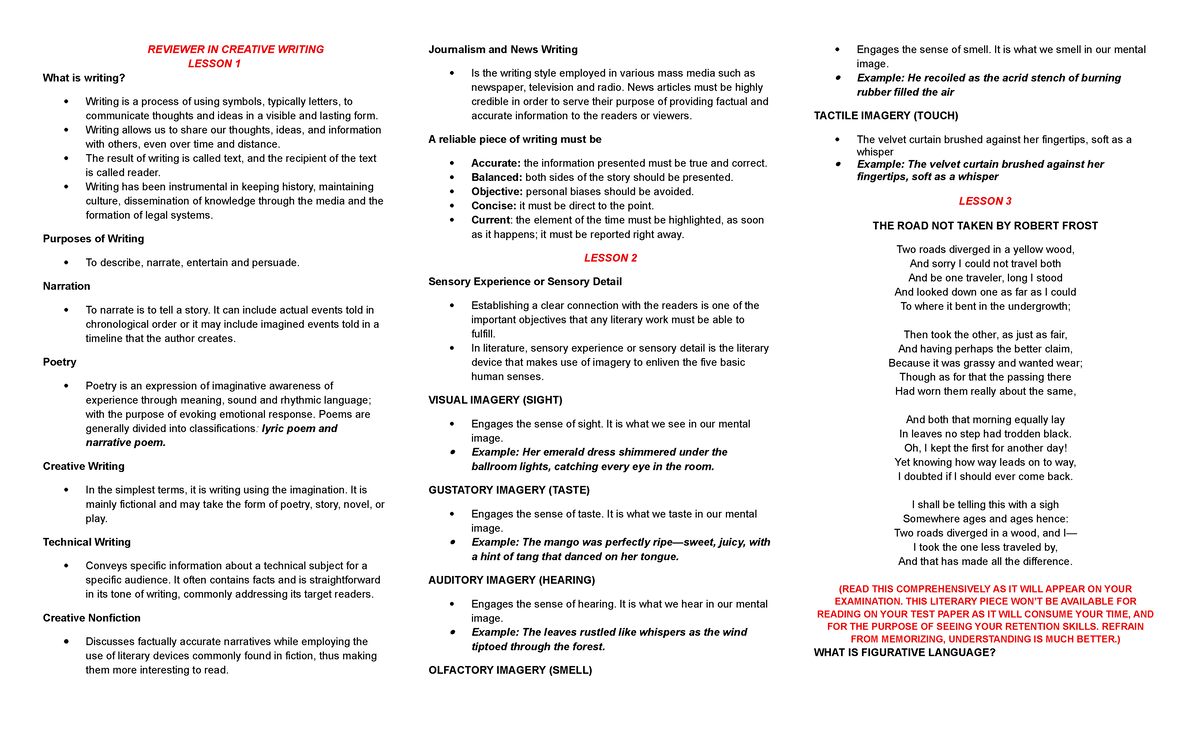 REVIEWER IN CREATIVE WRITING: LESSONS AND TECHNIQUES - Studocu