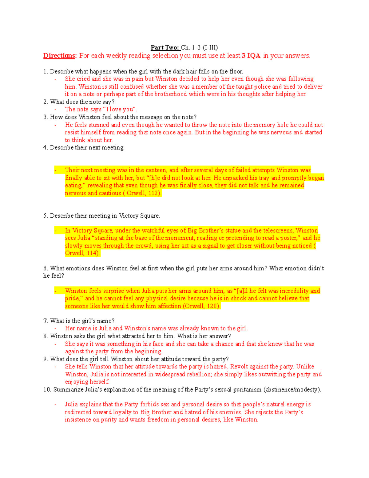 1984 (Part 2): Chapter 1-3 Reading Questions & Analysis - Studocu