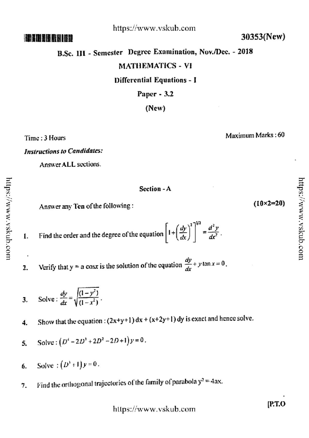 B.Sc. 30353 Sem 3 Mathematics Differential Equations I Exam Dec 2018 ...