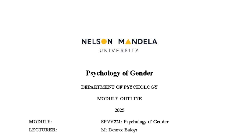 Psychology of Gender SPVV221: Module Outline 2025 - Studocu