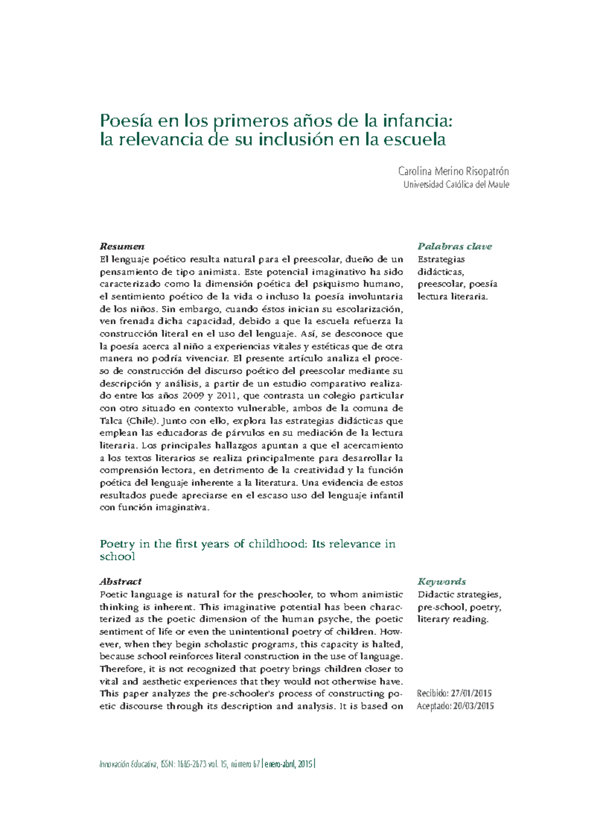 Poesia en los primeros anos de la infanc - Innovación Educativa, ISSN ...
