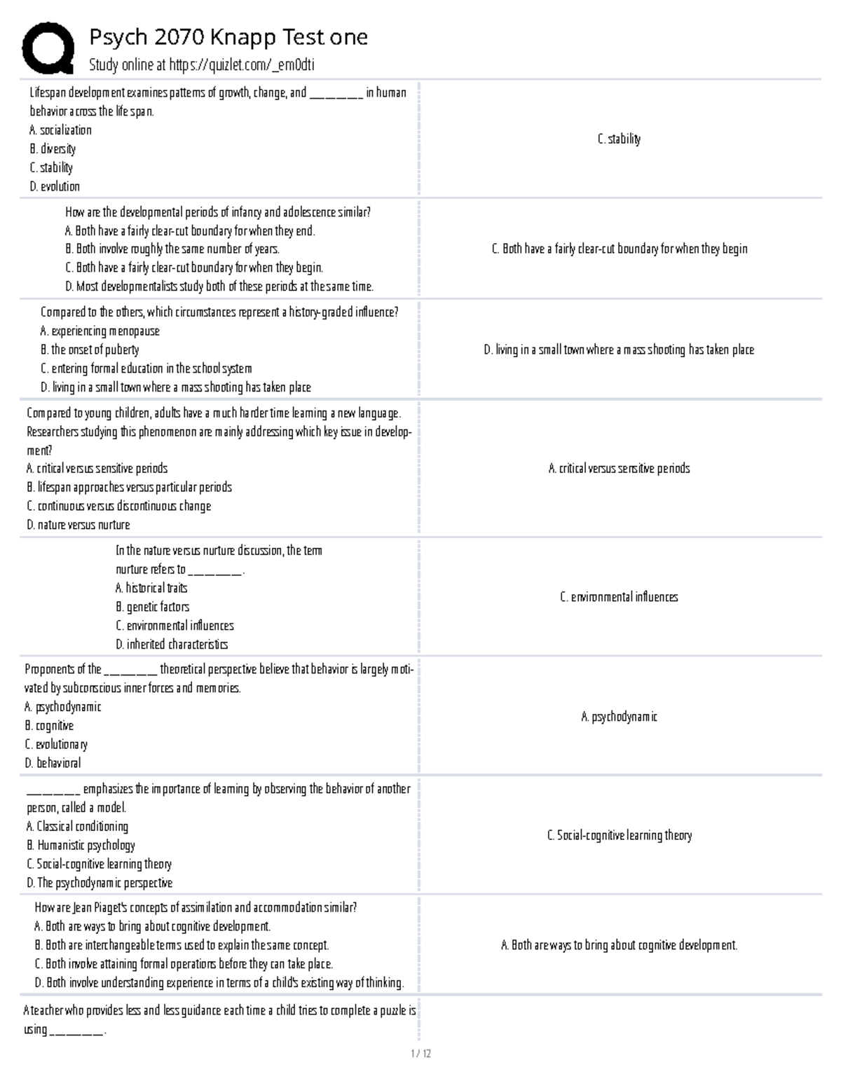 Psych 2070: Lifespan Development Test One Study Guide - Studocu