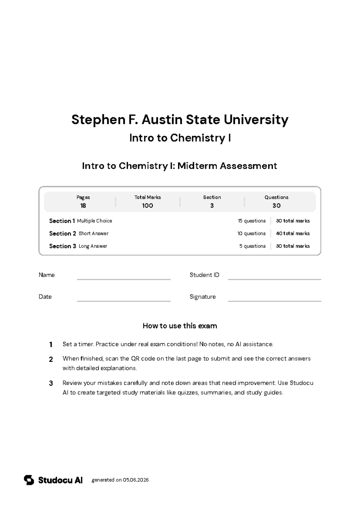 Intro to Chemistry I: Midterm Assessment - Studocu