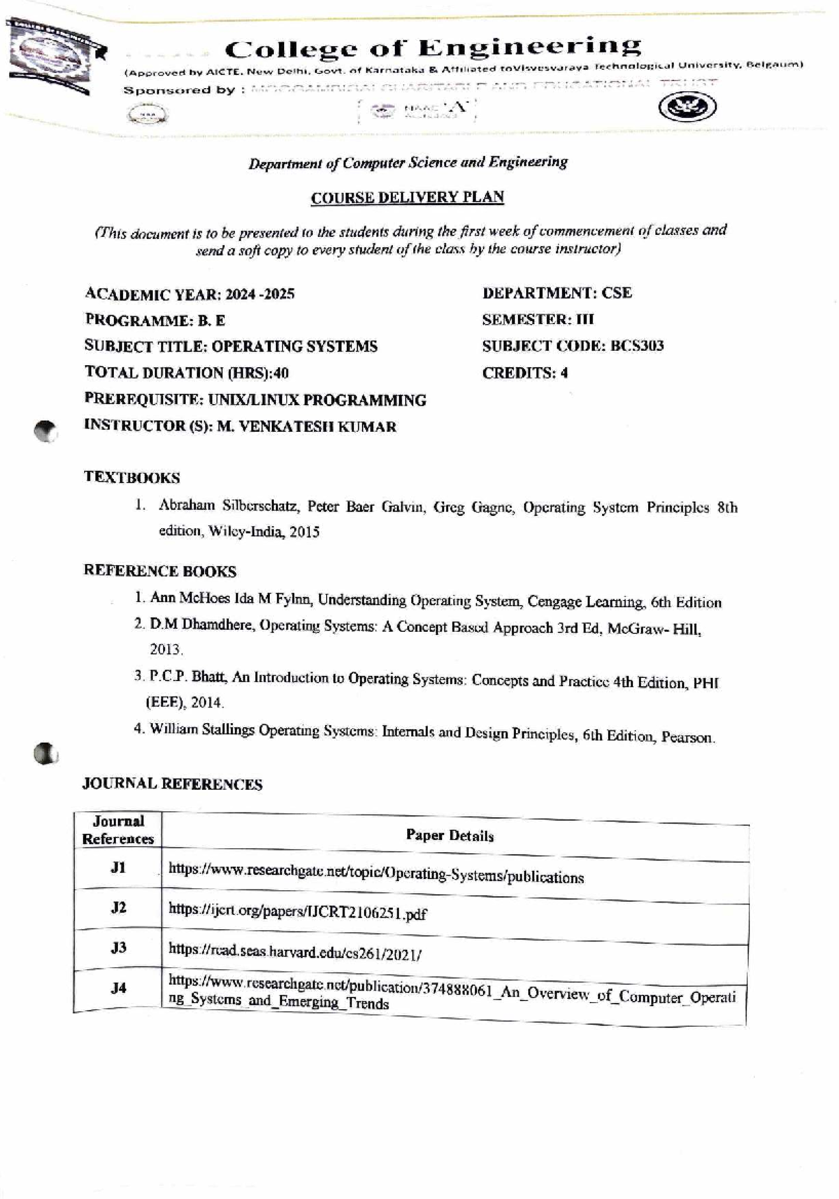 CSE BCS303 Course Delivery Plan for Operating Systems - Studocu