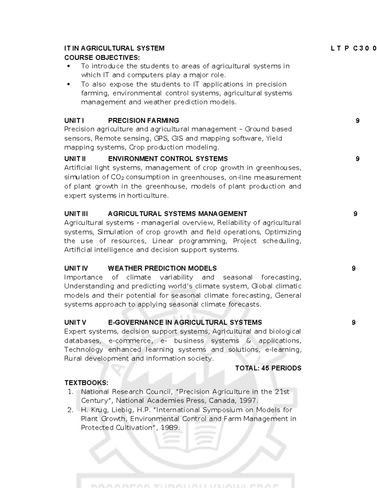 Syllabus - IT IN AGRICULTURAL SYSTEM L T P C 3 0 0 COURSE OBJECTIVES ...