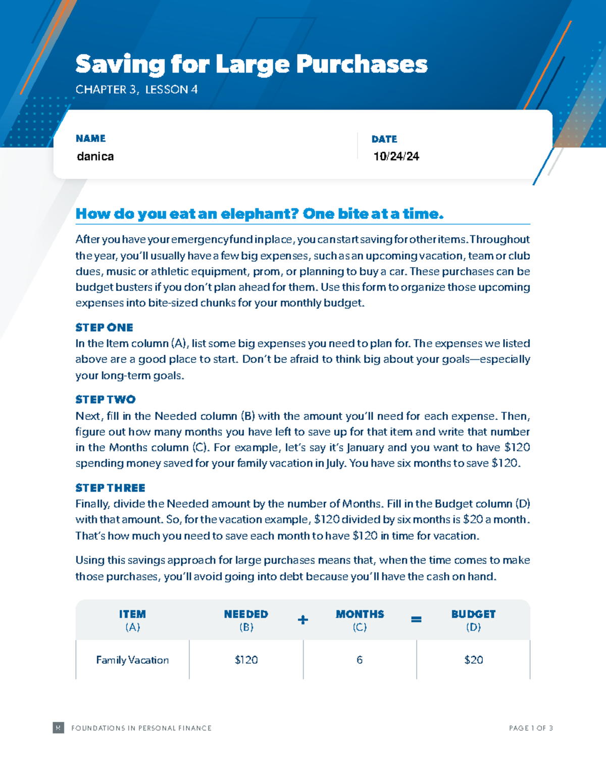 Chapter 3: Lesson 4 - Saving for Large Purchases in Personal Finance ...