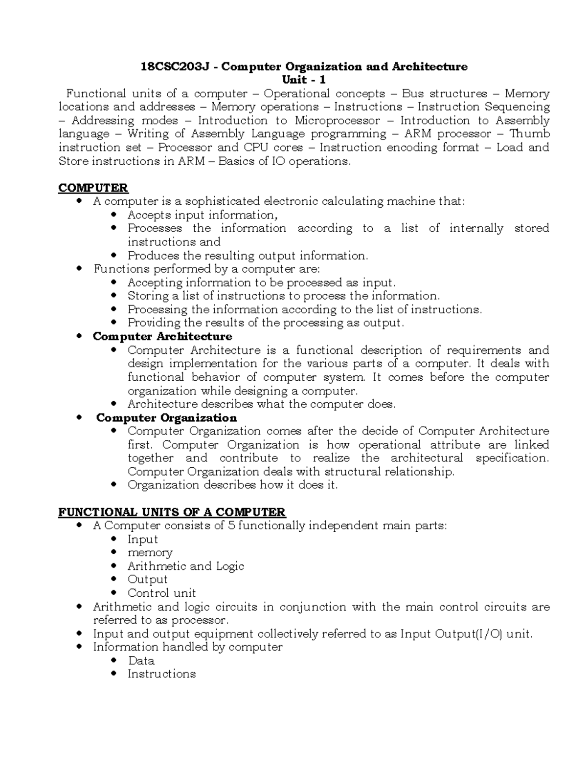 UNIT 1 coa - Lecture notes - 18CSC203J - Computer Organization and ...