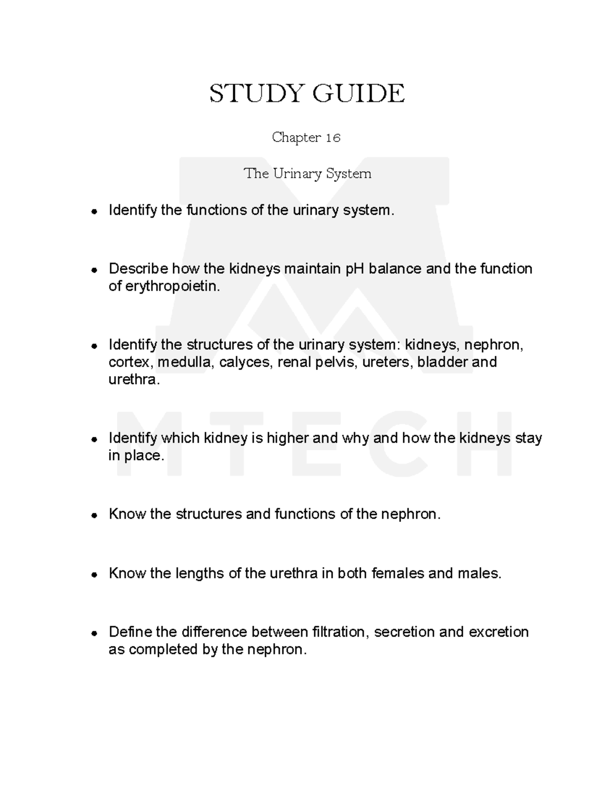 Study Guide: CH16 The Urinary System Overview and Key Concepts - Studocu