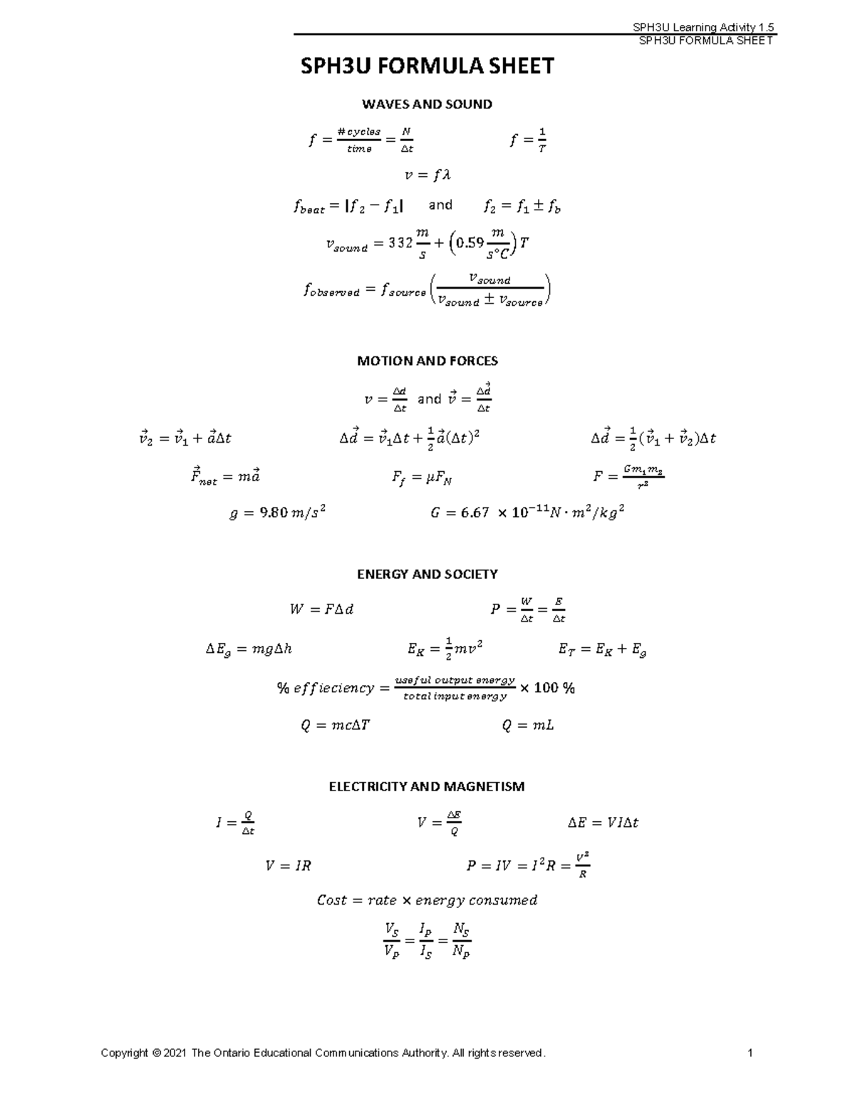 SPH3U Final Exam Formula Sheet: Waves, Sound, Motion, Forces, Energy ...
