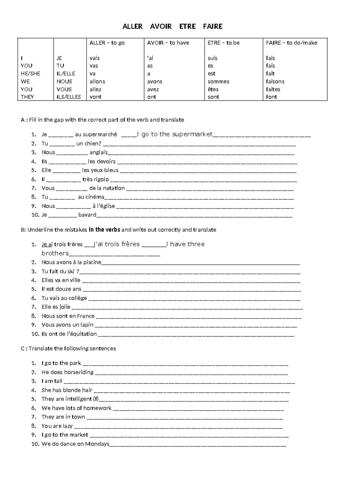 Aller, Avoir, Être, Faire - French 2 Verb Practice Guide - Studocu