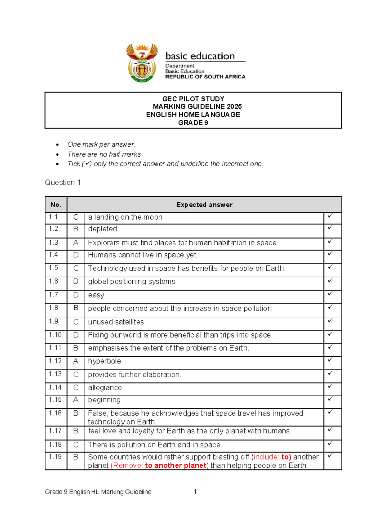GEC 2025 English HL Grade 9 Final Exam Marking Guidelines - Studocu