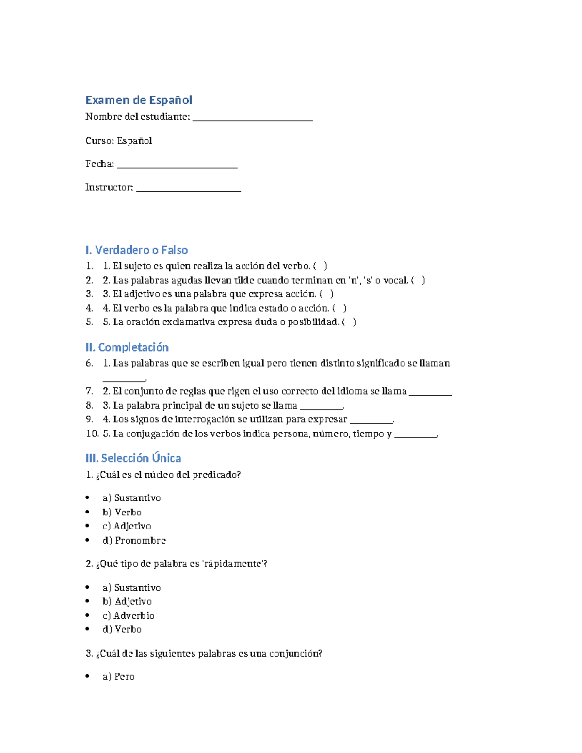 Examen Final de Español - Evaluación Completa - Studocu