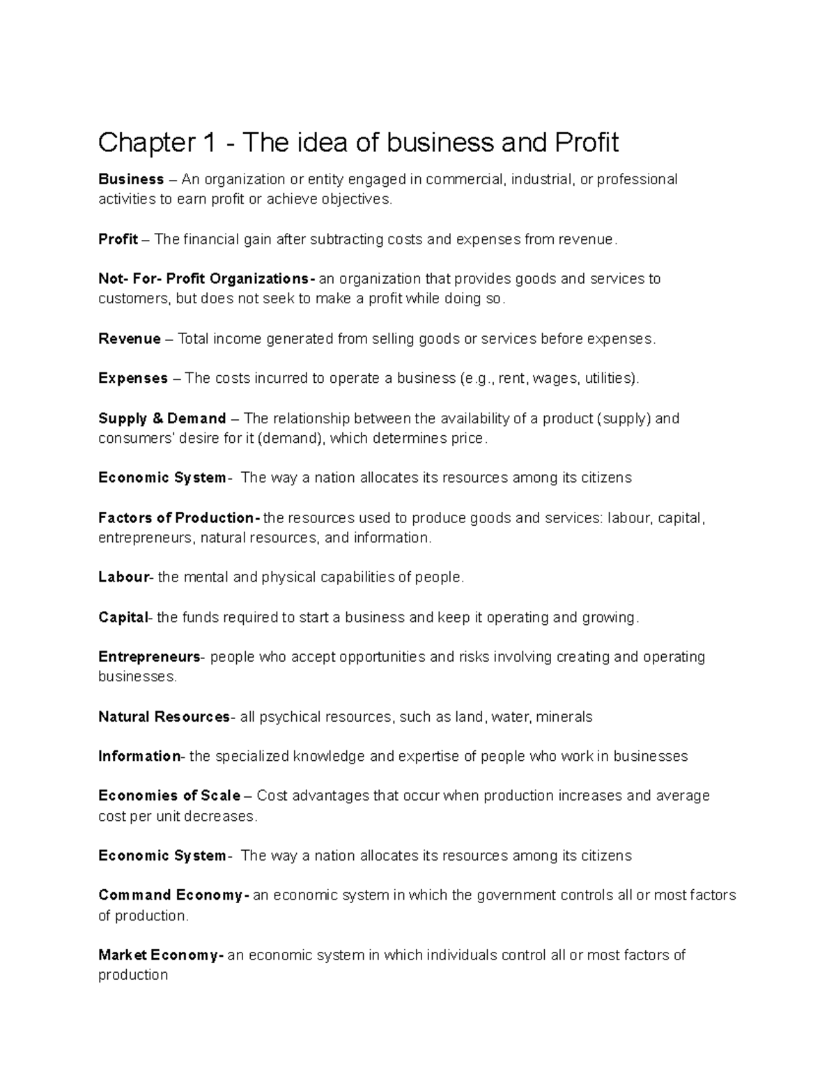 BU111 - Chapter 1: Business Concepts and Profit Definitions - Studocu