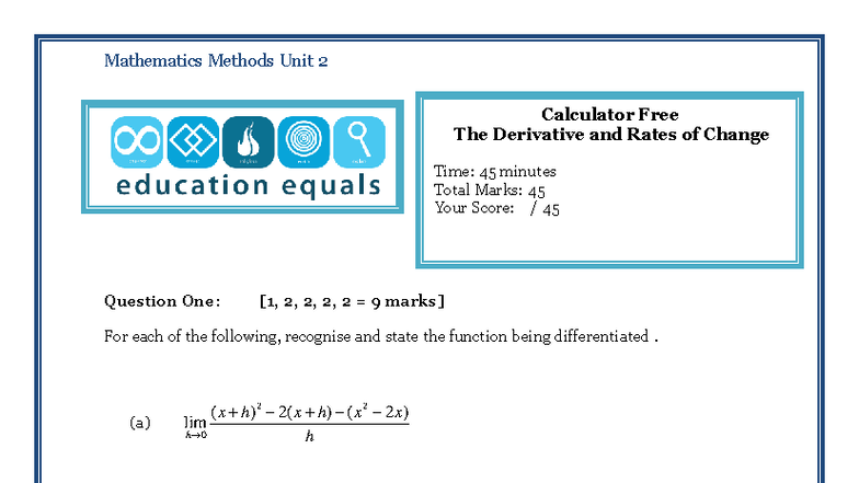 Mathematics Methods Unit 2: The Derivative & Rates of Change (CF) - Studocu