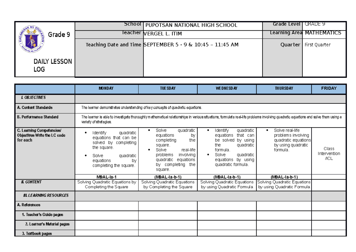 MATH 9 Lesson Plan: Week 4 - Quadratic Equations Focus - Studocu