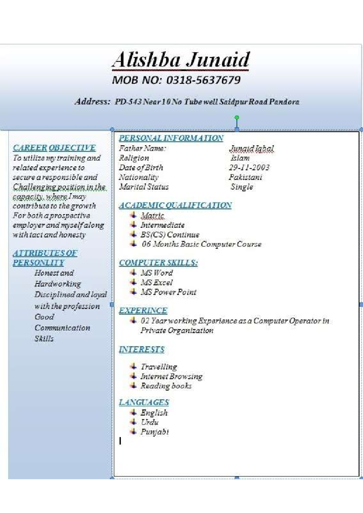 CV - Alishba Junaid: Personal Info & Career Objective - Studocu