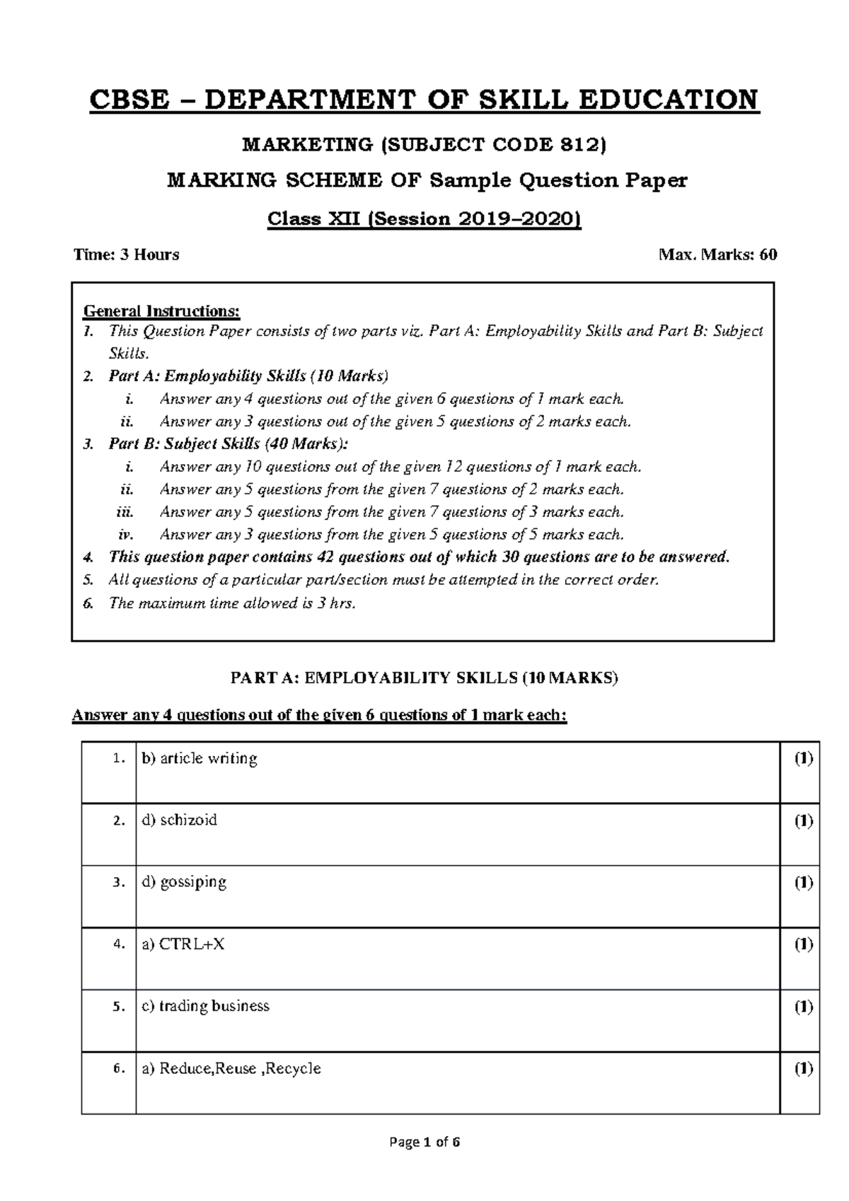 Marketing (812) Sample Question Paper Marking Scheme - Class XII - Studocu