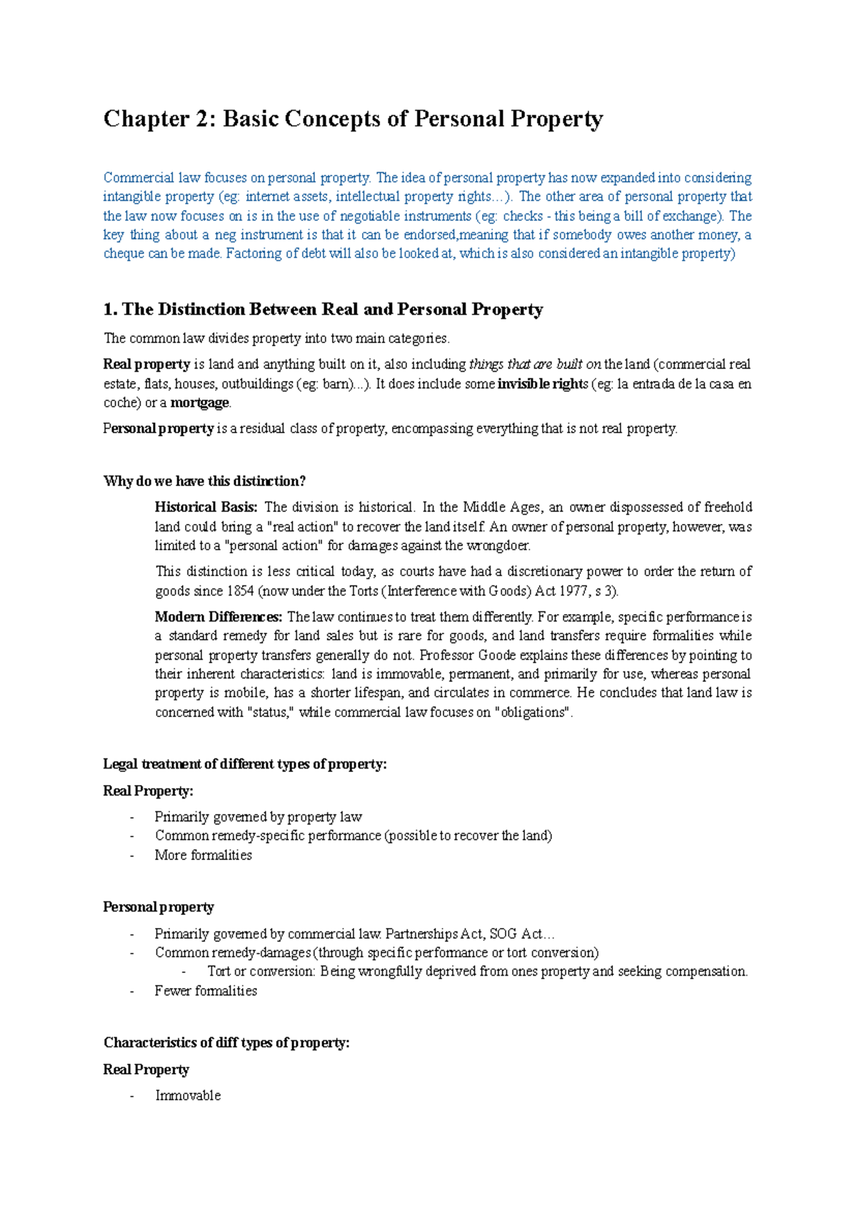 Chapter 2: Key Principles of Personal Property in Commercial Law - Studocu