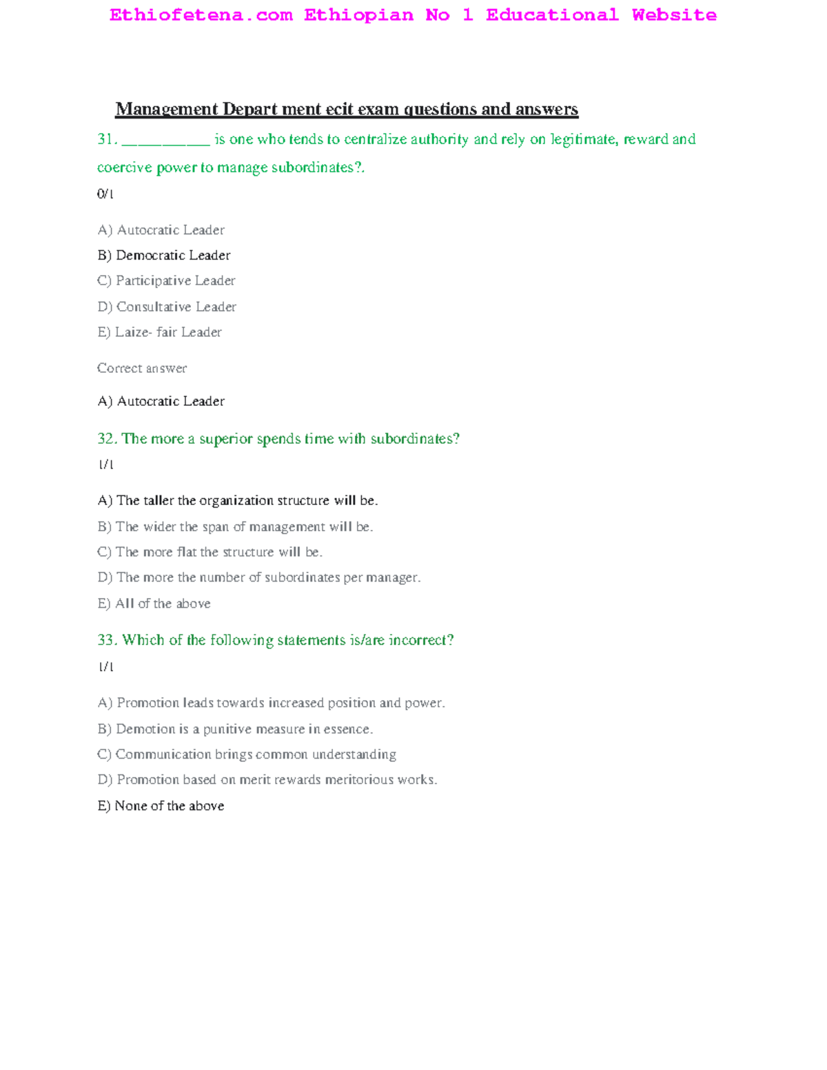 Management Exit Exam Questions and Answers - Part 2 (527A) - Studocu