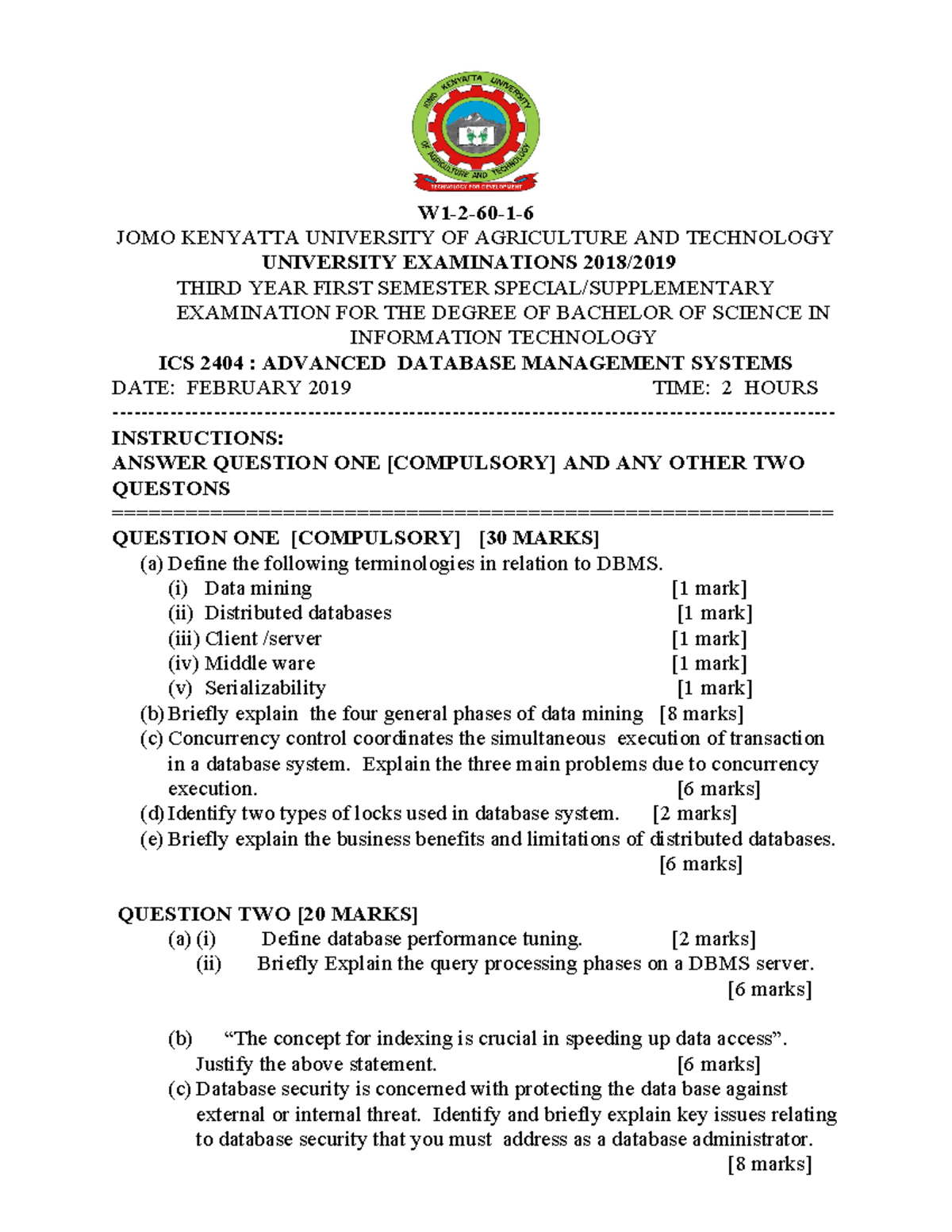 ICS 2404 Advanced Database Management Systems - W1-2-60-1- JOMO ...