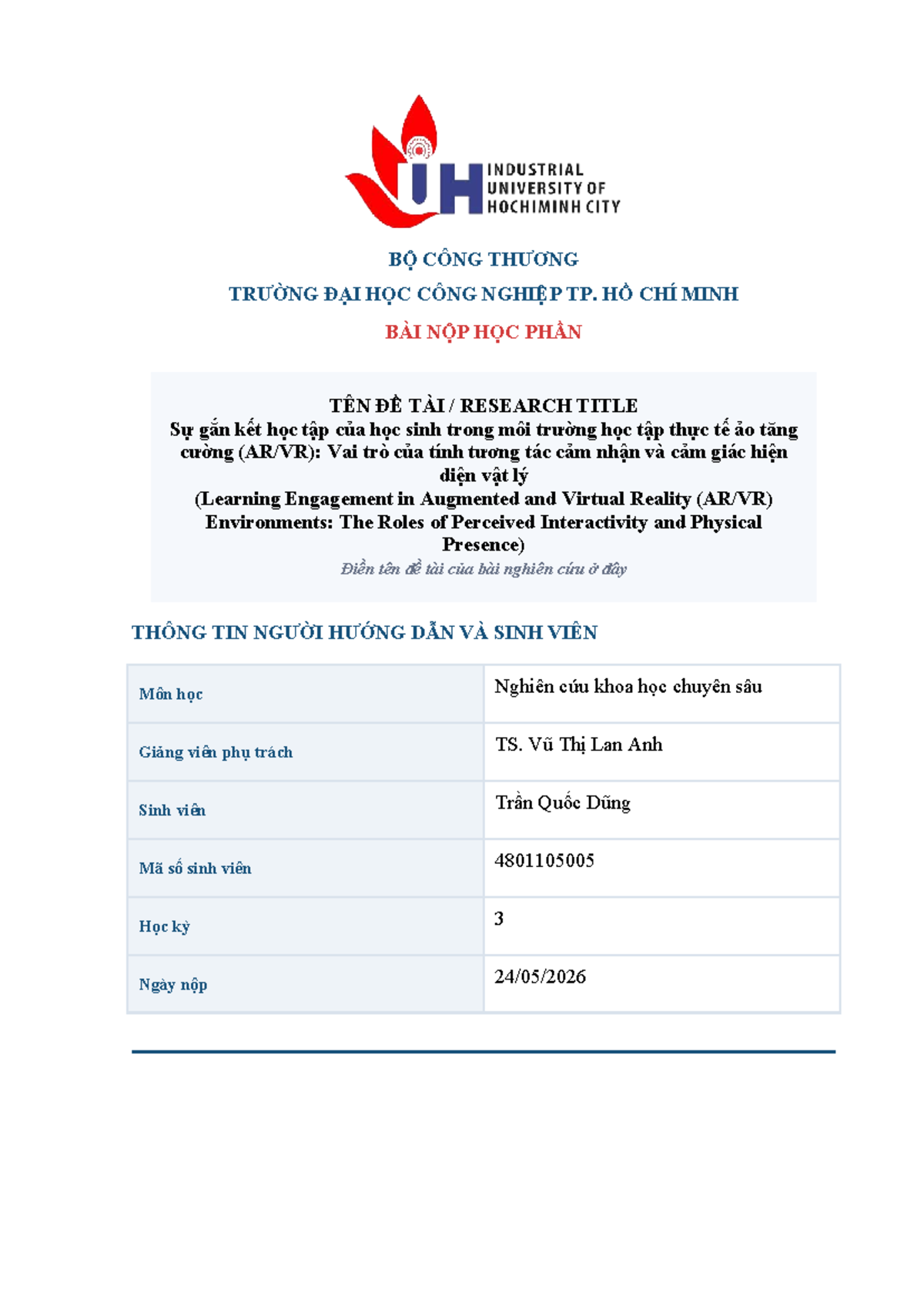 Nghiên cứu Khoa Học Chuyên Sâu: Gắn Kết Học Tập AR/VR và Tương Tác (Mã ...