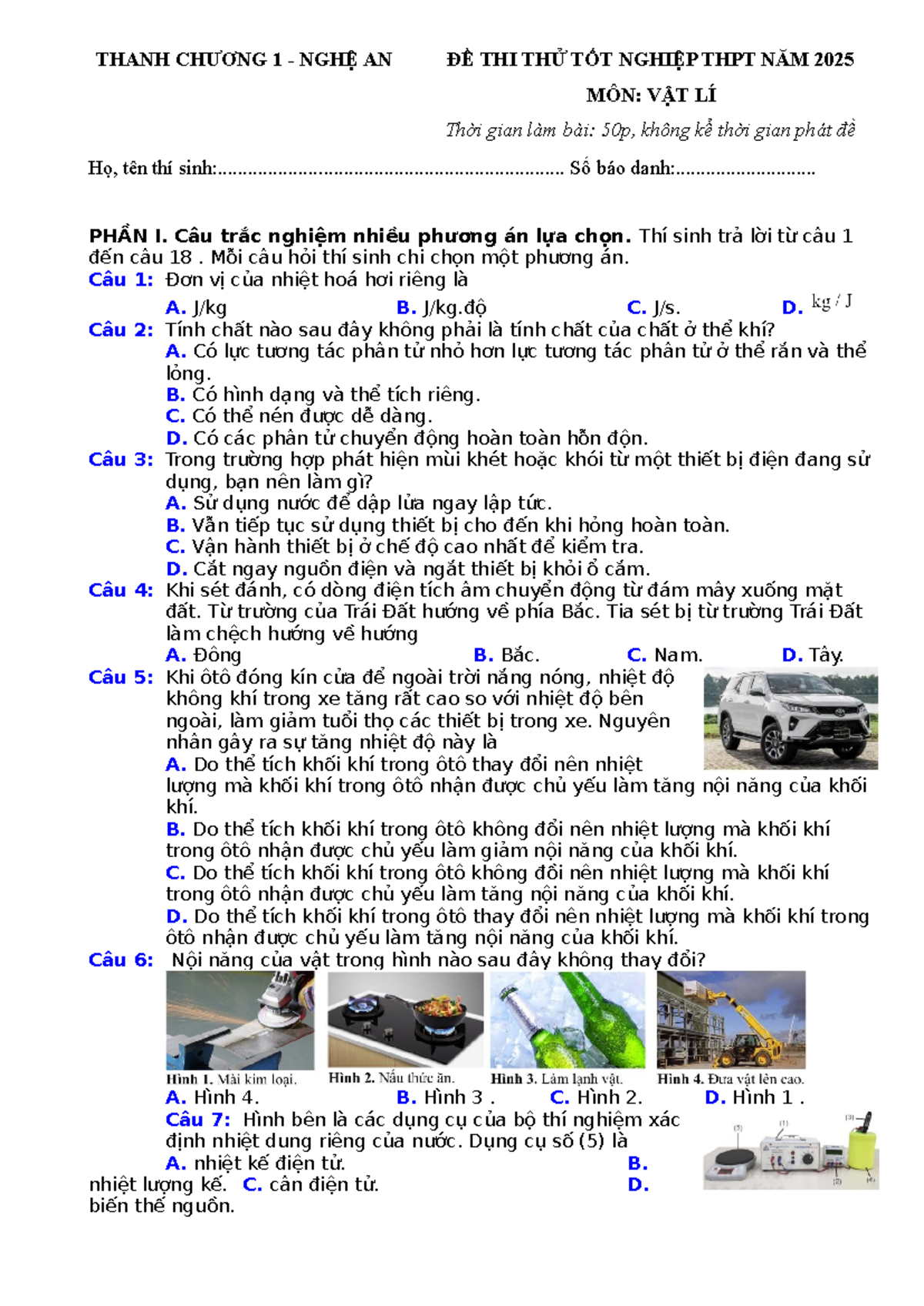 Thi Thử Tốt Nghiệp THPT 2025 Môn Vật Lí - Thanh Chương 1 - Studocu