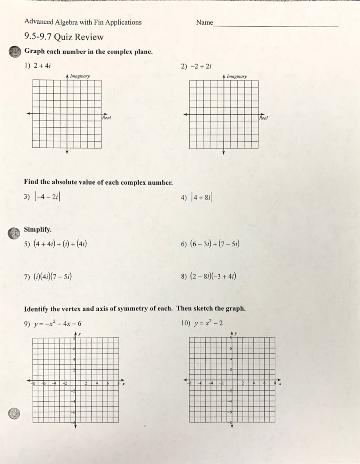 Advanced Algebra Quiz Review: Sections 9.5-9.7 on Complex Numbers - Studocu