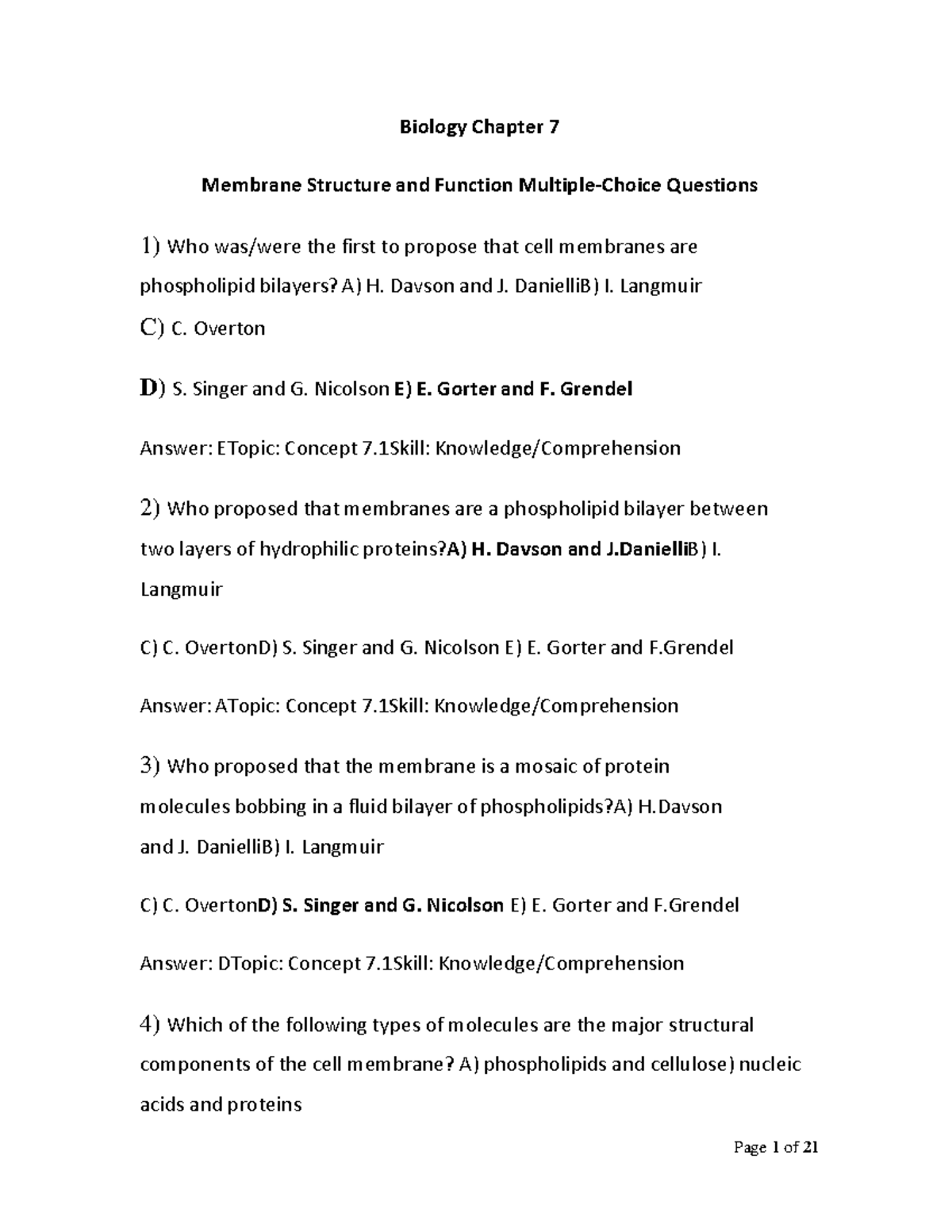 Bio 103 Chapter 7 Test Bank - Biology Chapter 7 Membrane Structure and ...