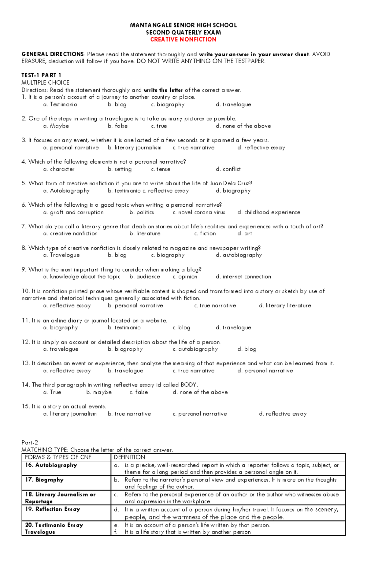 2nd Quarter Creative Nonfiction Exam - CNF - Studocu