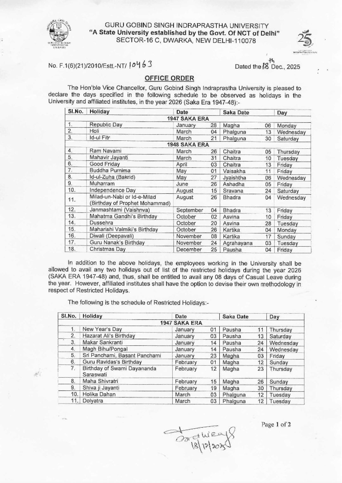 GGSIPU Holiday Calendar for 2026: Official Office Order - Studocu