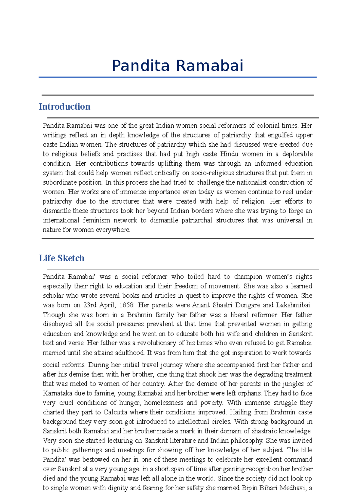 Pandita Ramabai: Pioneering Indian Women's Rights & Education - Studocu