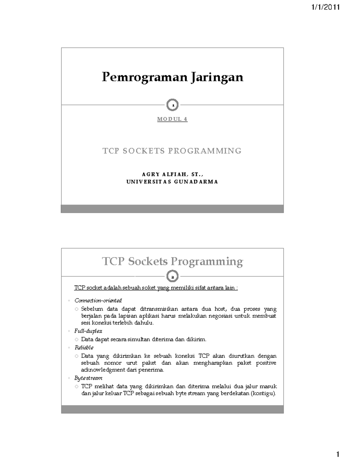 Tcp Socket M O D U L 4 T Cp Sock Et S Progra Mm In G A G R Y A L F I A H S T U N I V E R