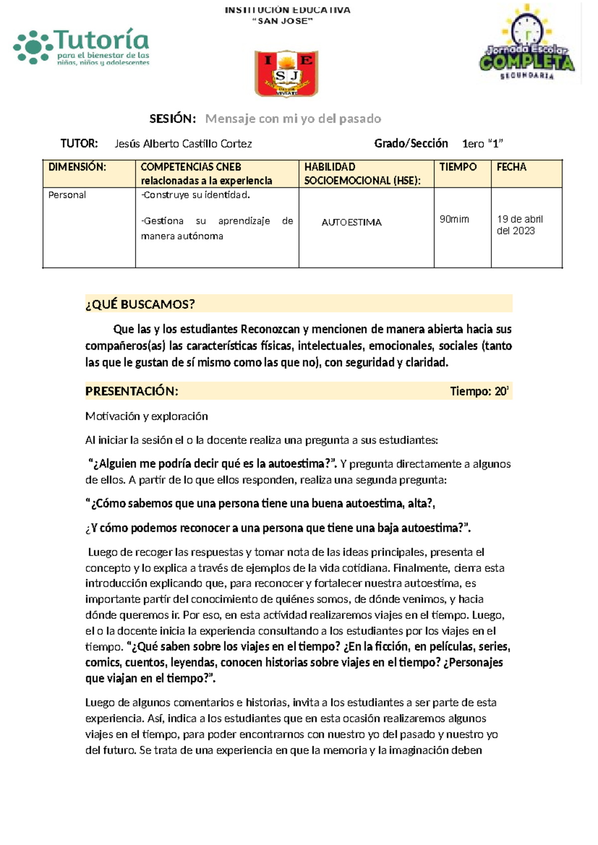 Sesión de Tutoría N° 2: Mensaje a mi Yo del Pasado y Autoestima - Studocu