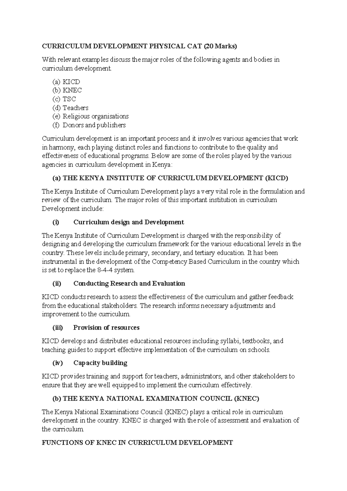 Curriculum Development in Kenya: Roles of KICD, KNEC, TSC & Others (20 ...