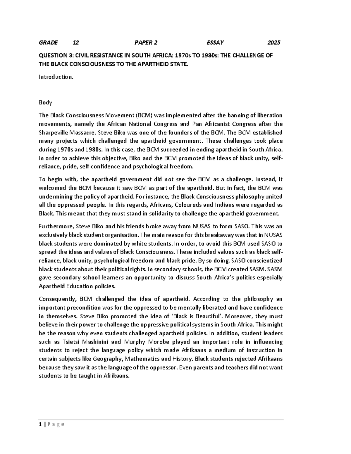 GRADE 12 PAPER 2 ESSAY 2025: CIVIL RESISTANCE & BLACK CONSCIOUSNESS ...