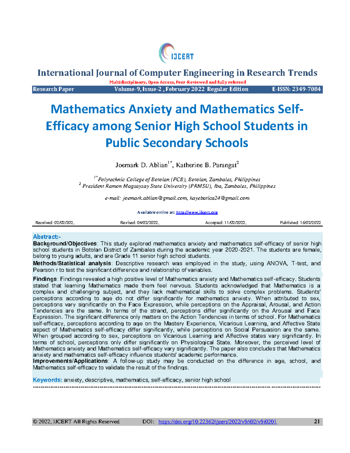 Mathematics Anxiety and Mathematics Self Efficacy a - © 2022, IJCERT ...
