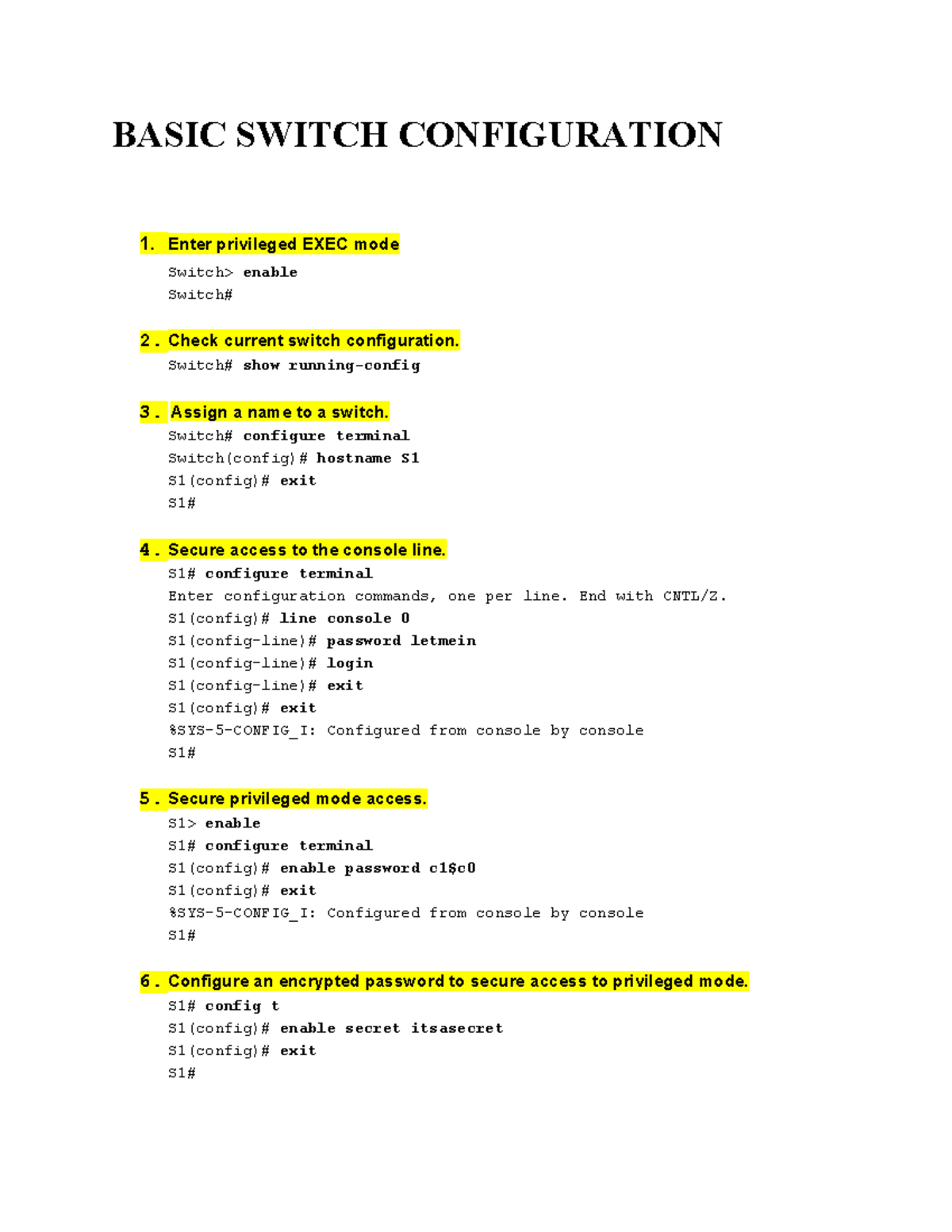 CCNA Guide: Basic Switch Configuration Steps and Commands - Studocu