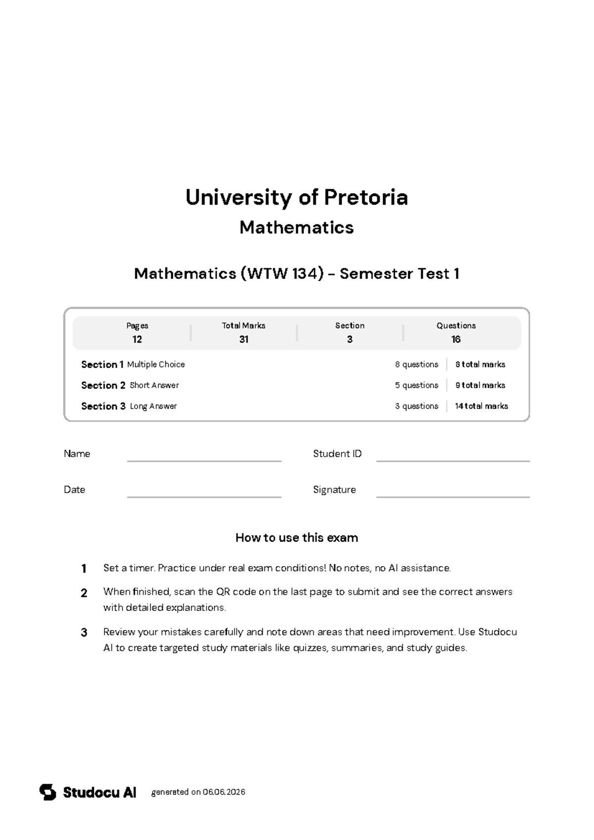 Mathematics (WTW 134) - Semester Test 1 - Studocu