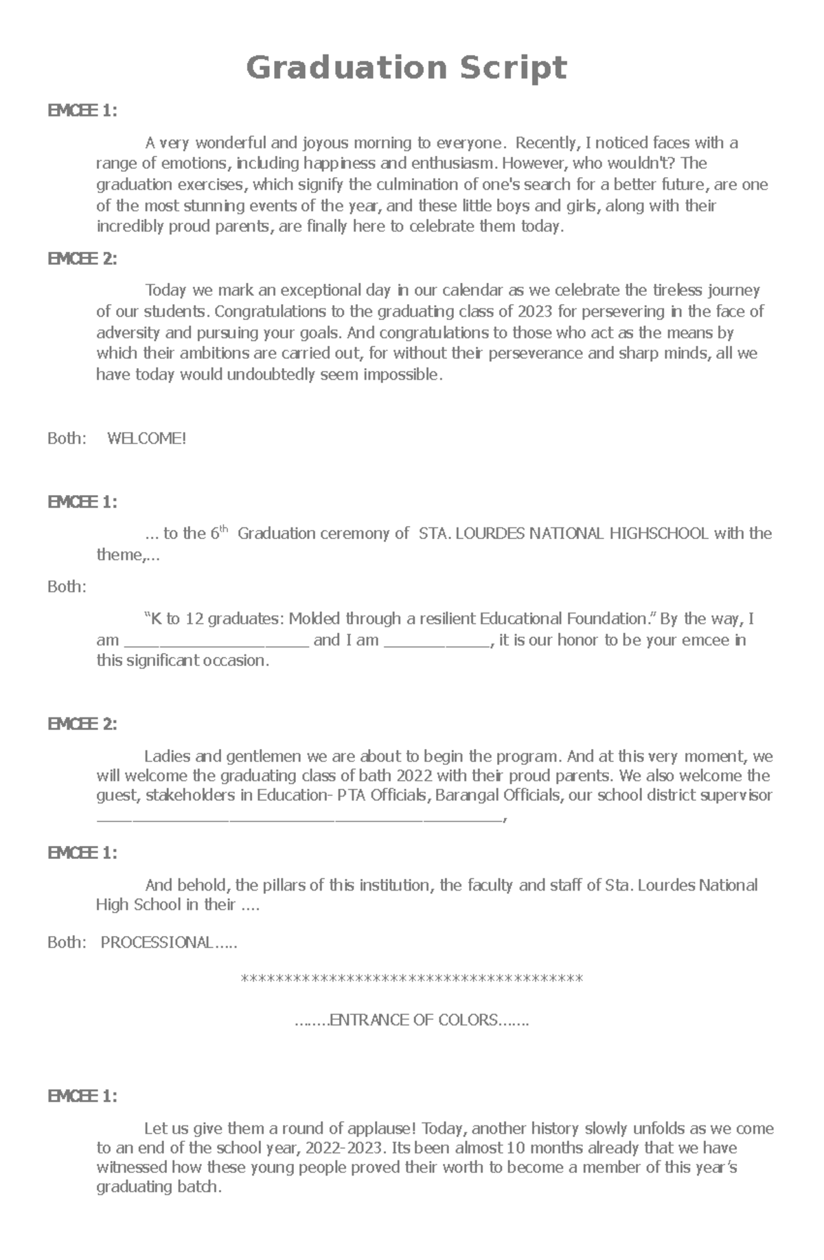 Graduation Ceremony Script for STA LOURDES NATIONAL HIGH SCHOOL - Studocu