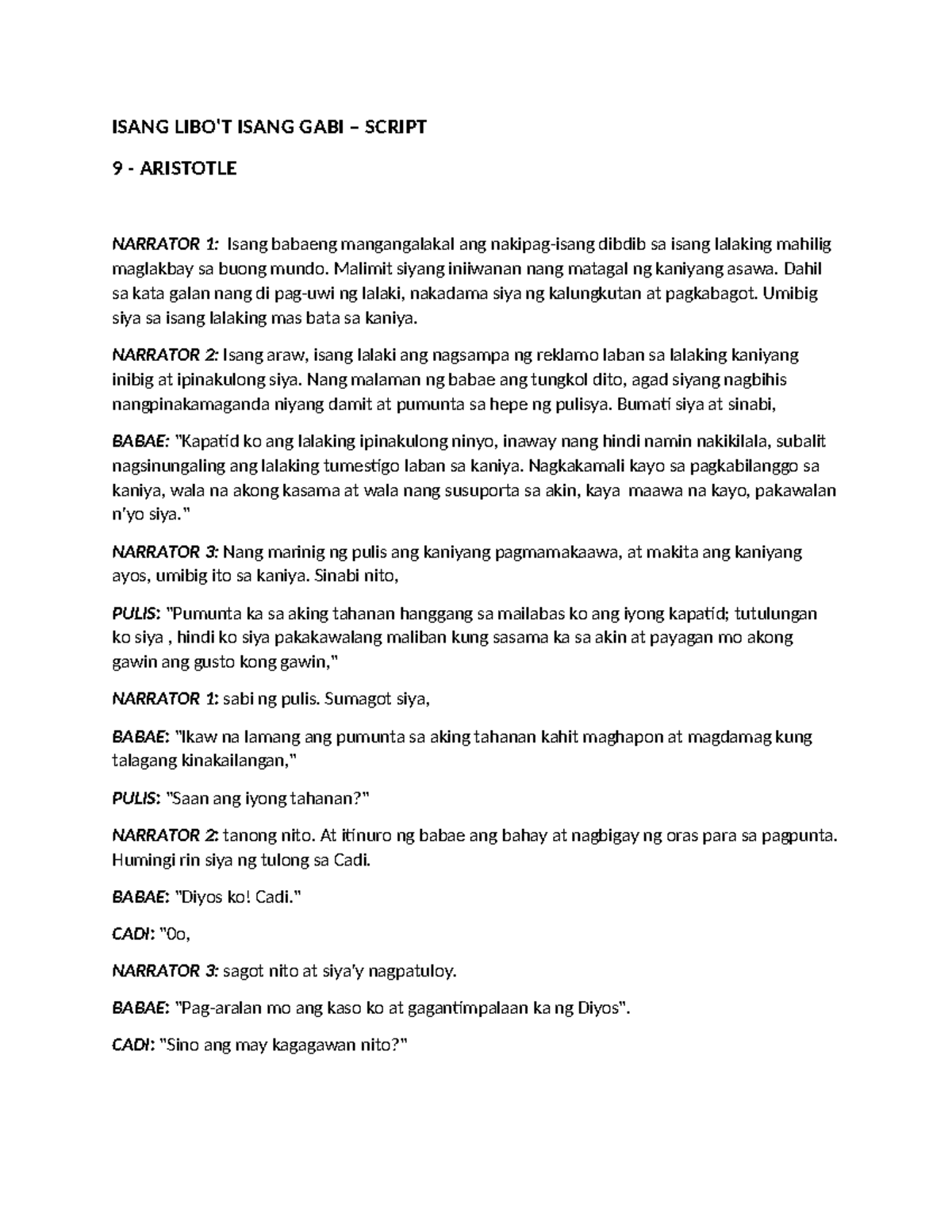 Isang LIBO'T Isang GABI Script: Dramatic Script Analysis and Insights - Studocu