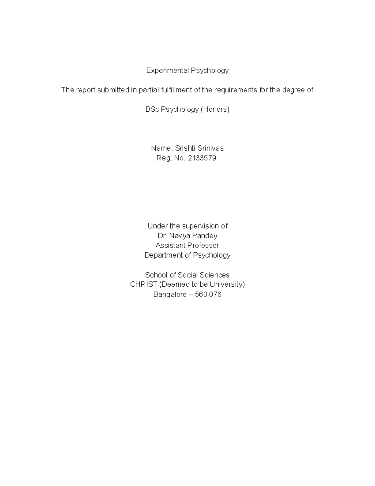 BSc Psychology (Honors) Experiments in Experimental Psychology - Studocu