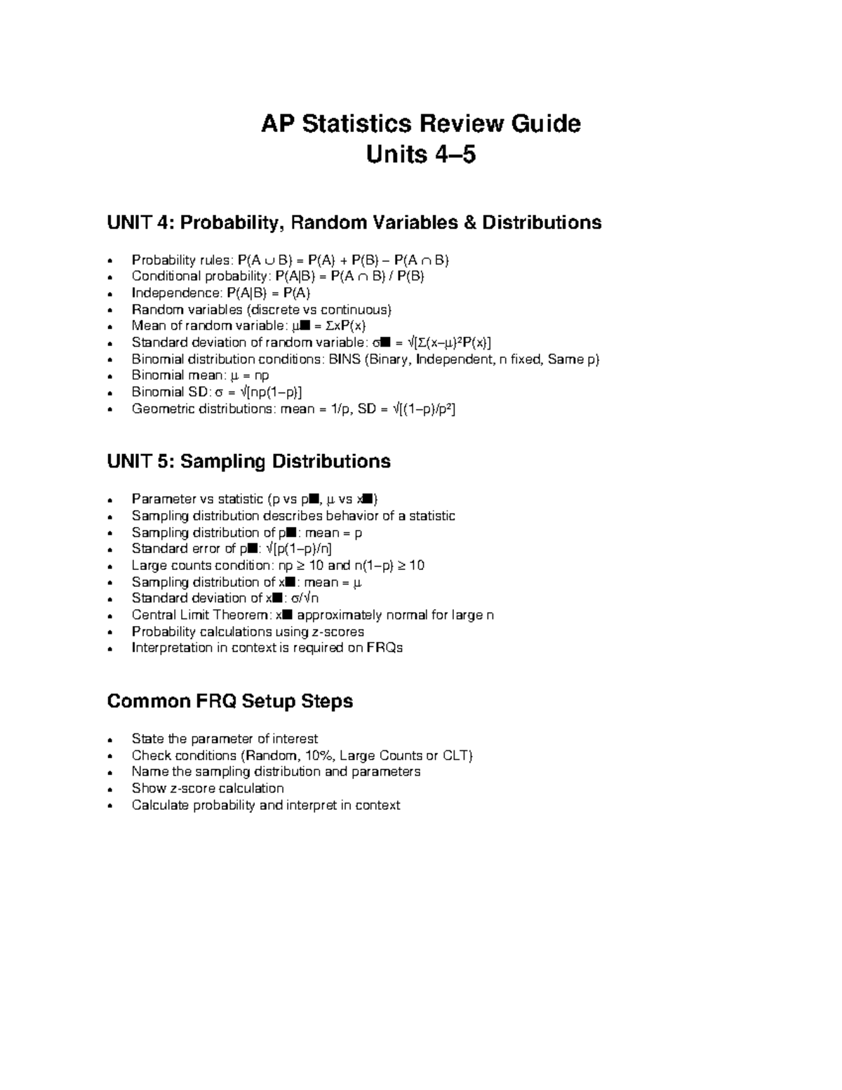 AP Statistics Review Guide: Units 4-5 Probability & Sampling ...