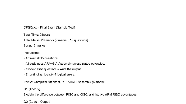 Final Exam (Sample Test) - ARM Assembly & Logic Errors - Studocu