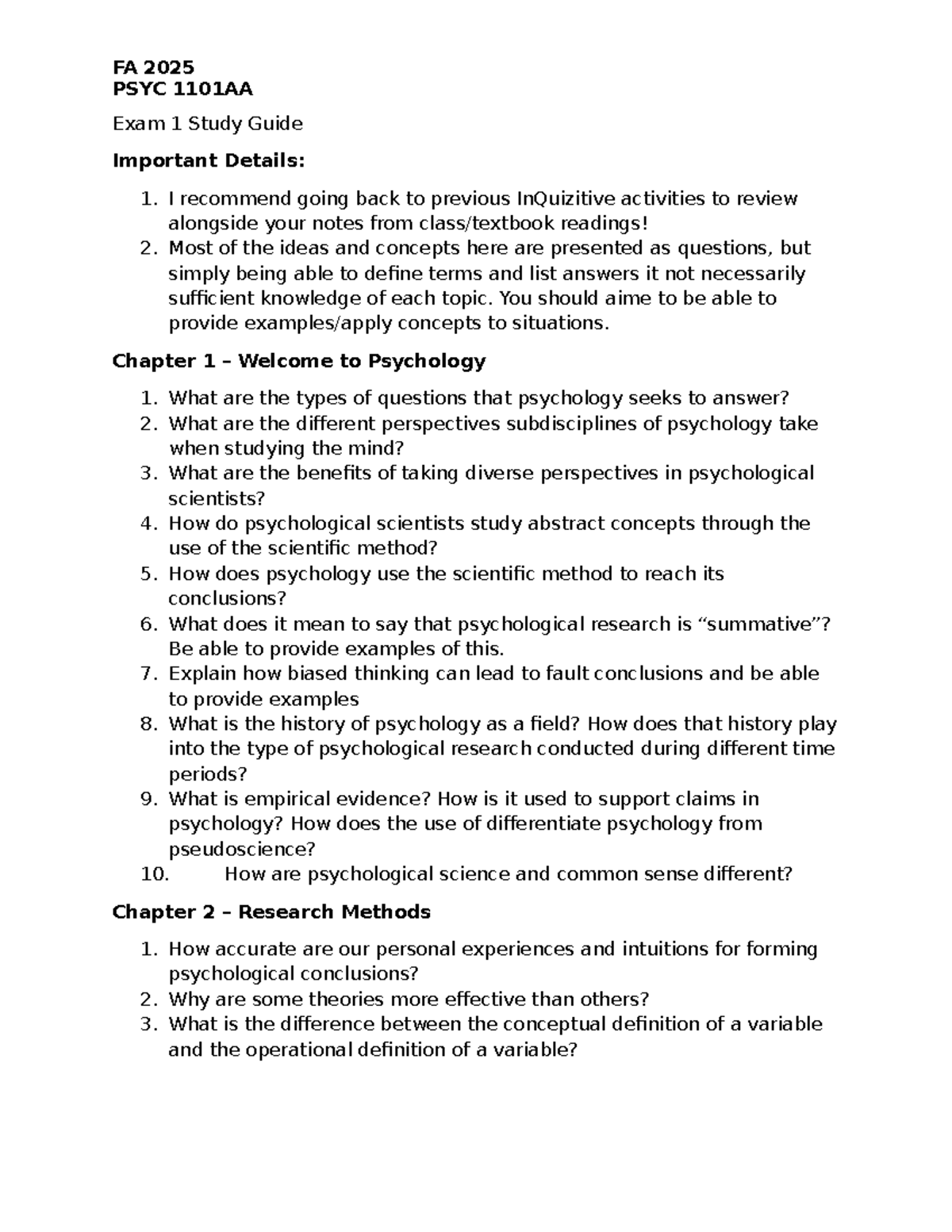 FA 2025 PSYC 1101AA Final Exam Study Guide: Key Concepts & Questions - Studocu