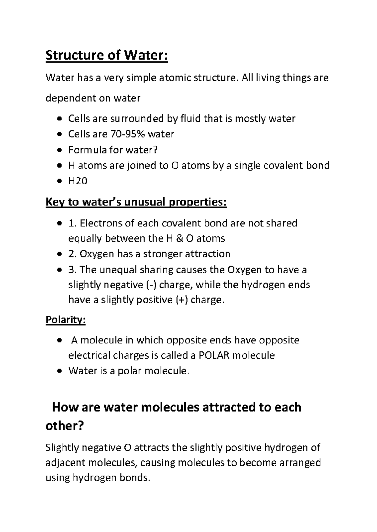Molecular Structure Of Water Notes